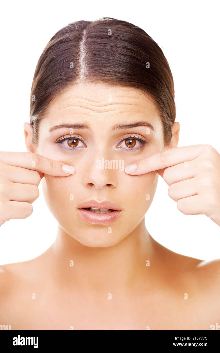 Woman, worry and plastic surgery on face for wrinkles, anti aging and ...