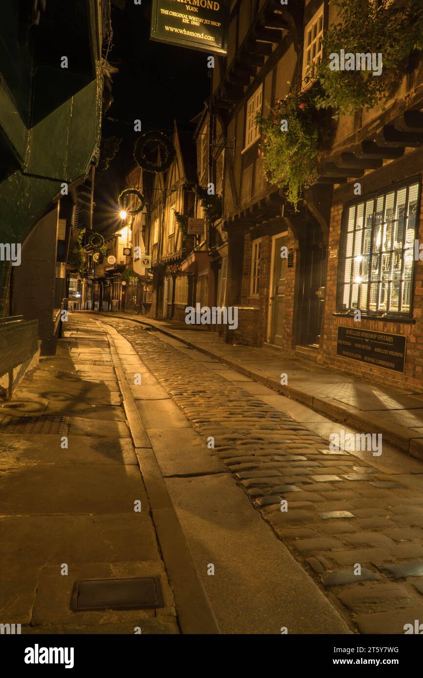 The Shambles by night, an ancient cobbled street in the heart of York ...