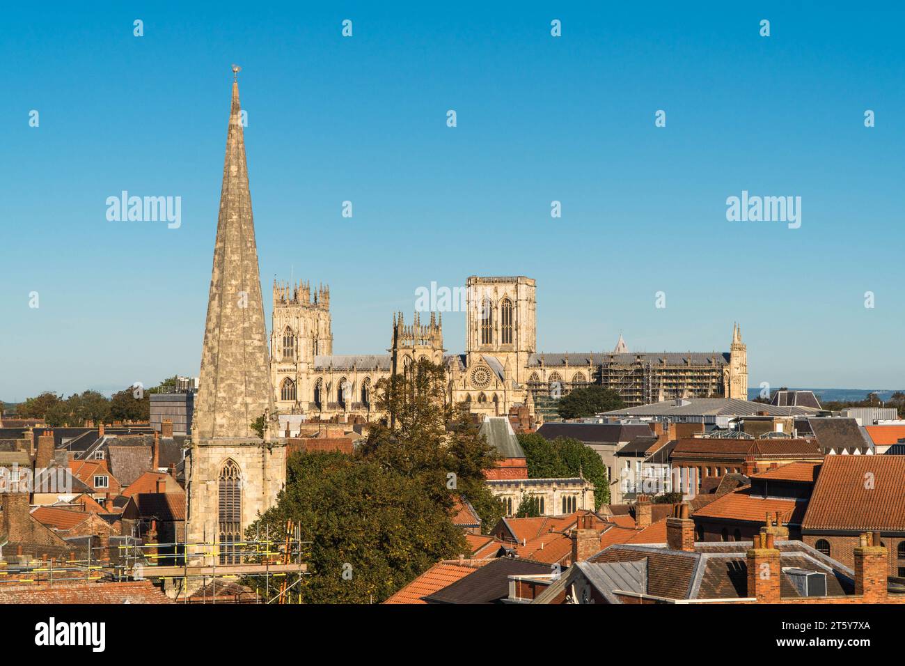 Rooftop view of St Mary's Church spire and York Minster where ...