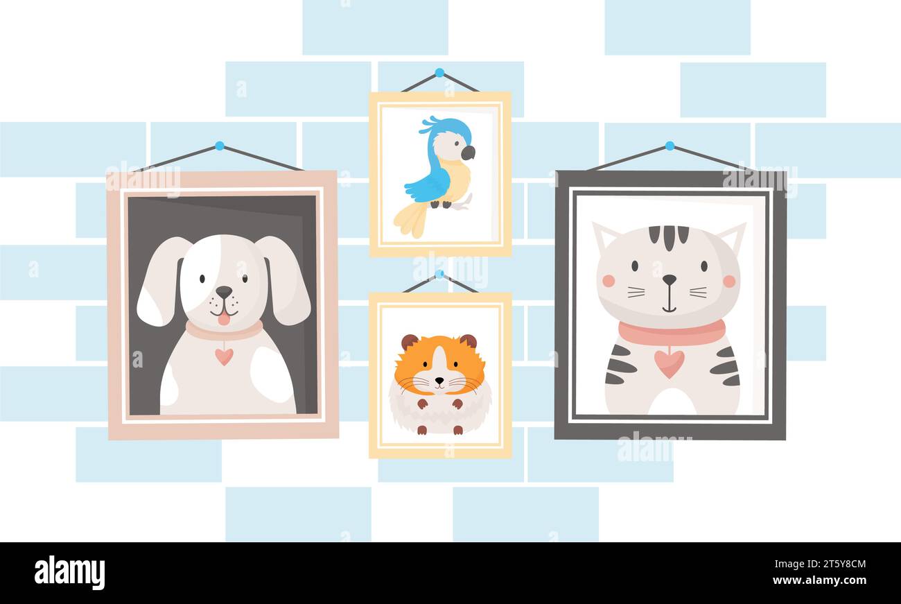 Photo frames with portraits of lovely pets on wall. Frames picture with ...