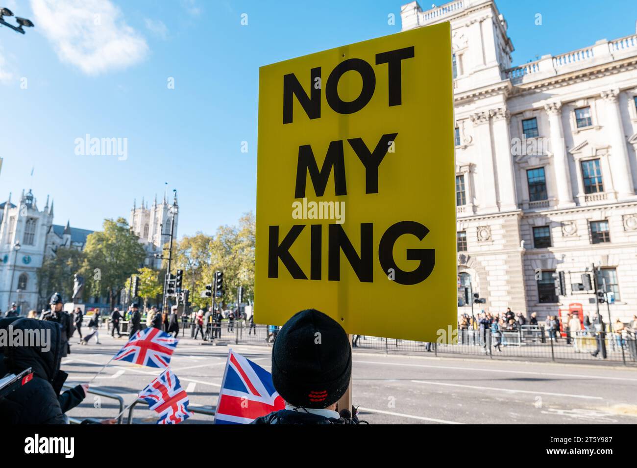 London, UK. 7 November 2023. Anti-monarchists from Republic demonstrate ...