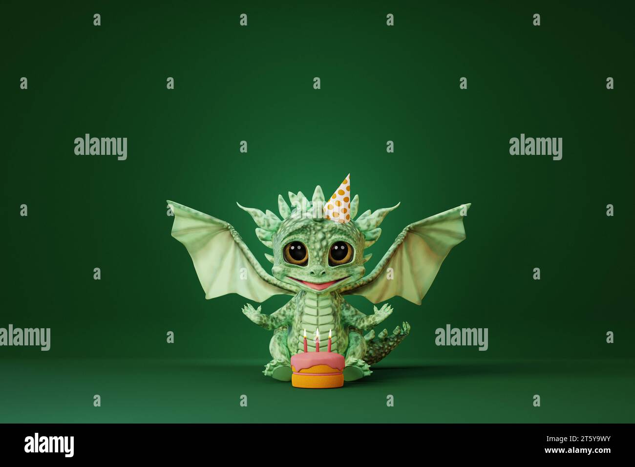 Cute cartoon baby dragon wearing cylinder hat eating Birthday cake. 3d ...