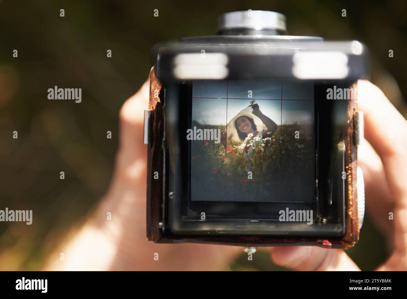 Camera, viewfinder and woman with photography, outdoor and pose with ...
