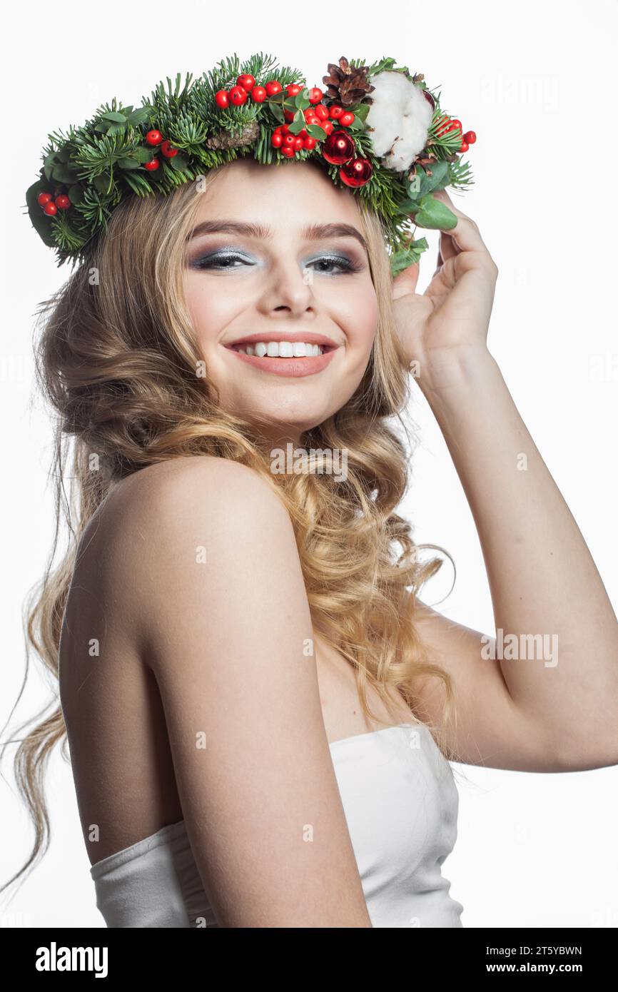 Perfect woman smiling. Good-looking female model with long wavy blonde ...