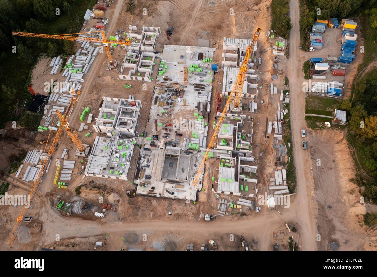 Drone photography construction site of new buildings during autumn dusk ...