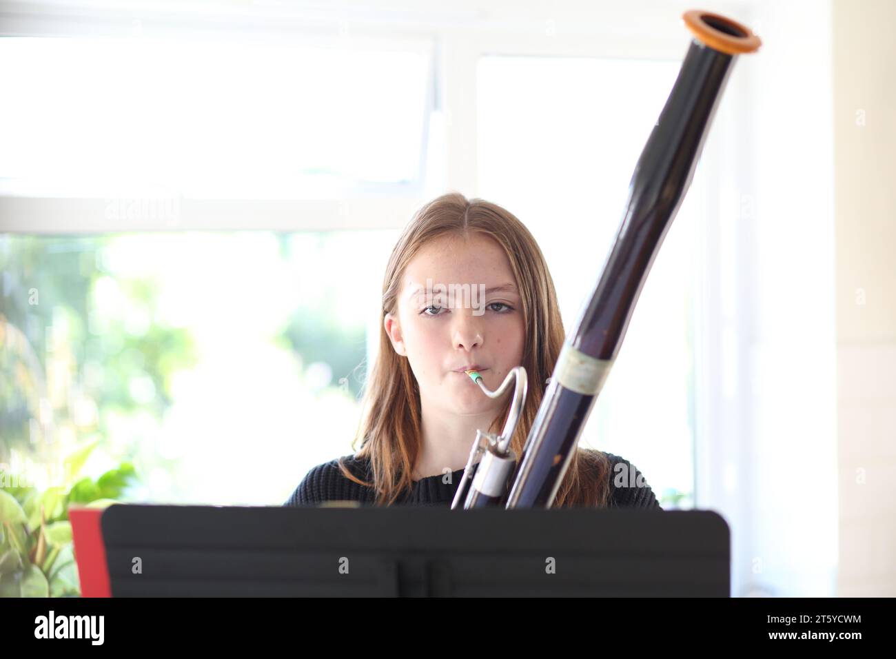 Teen girl bassoon player playing the bassoon in kitchen at home Stock ...