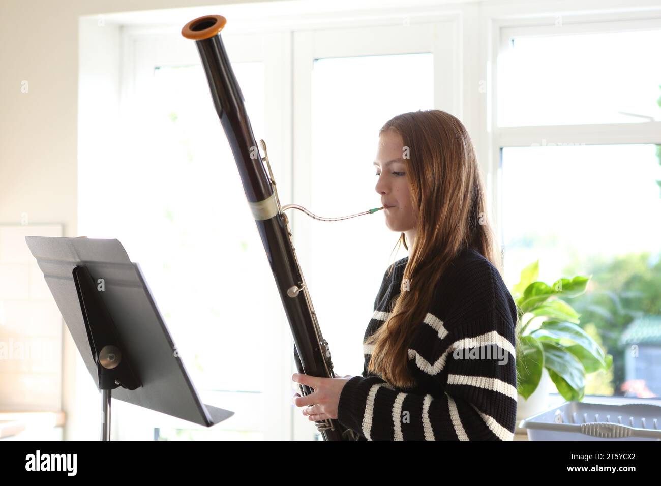 Teenage girl playing the bassoon in kitchen at home. Plays musical ...