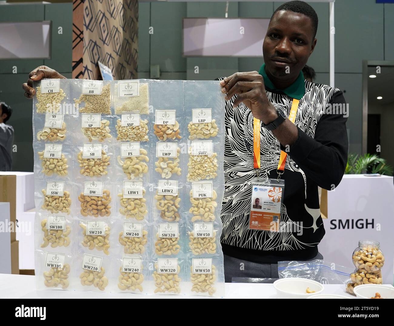 Shanghai. 7th Nov, 2023. An exhibitor displays nuts from Benin at the ...