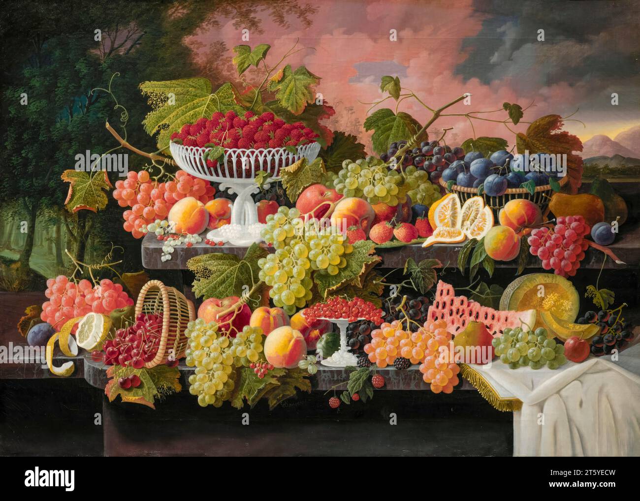 Two tiered still life with fruit and sunset landscape hi-res stock ...