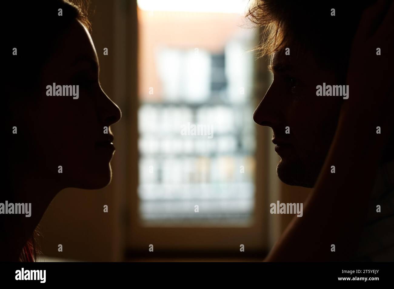 Home, silhouette and couple with love, relationship and shadow with ...