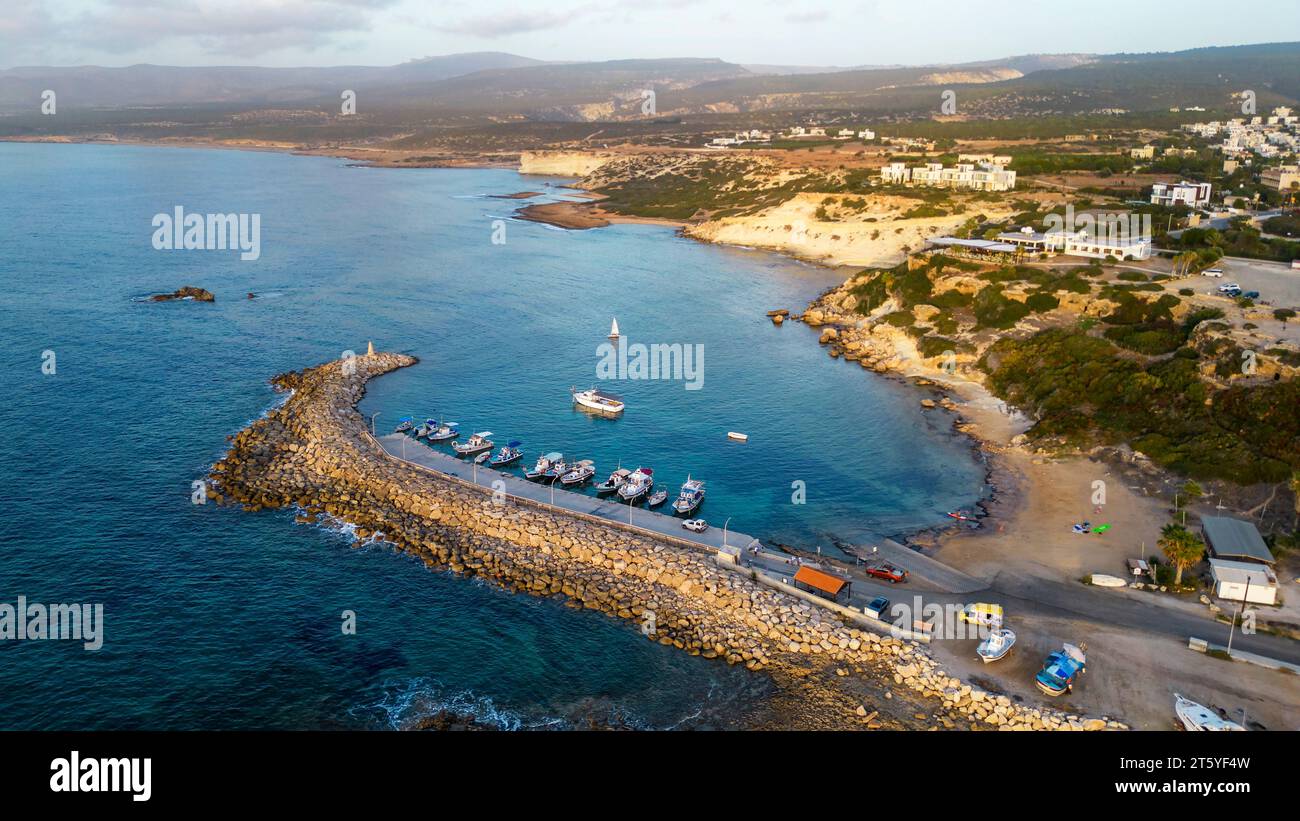 Aerial view of Agios Georgios (St Georges) harbour and church, Akamas ...