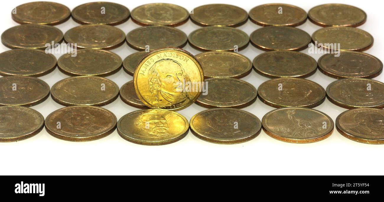 United State Gold colored $1, one dollar coins modern background Stock ...