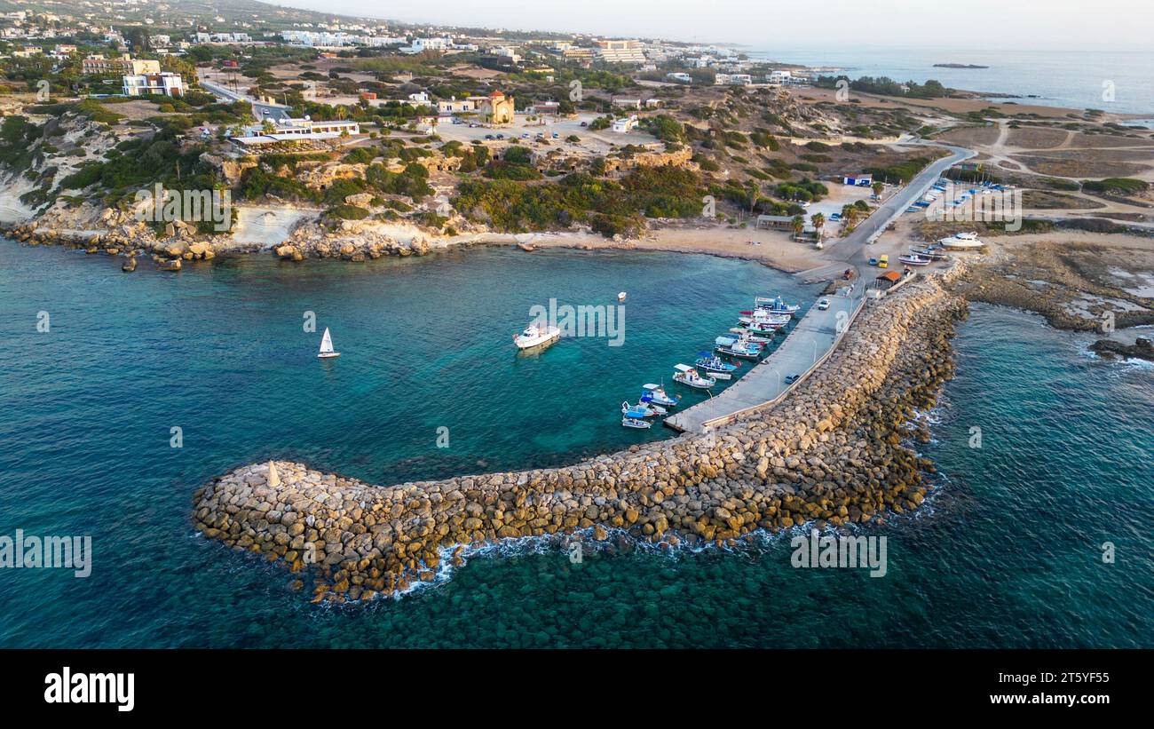 Aerial view of Agios Georgios (St Georges) harbour and church, Akamas ...