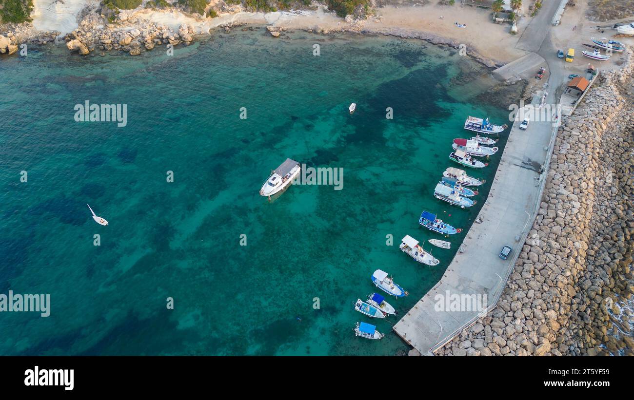 Aerial view of Agios Georgios (St Georges) harbour and church, Akamas ...