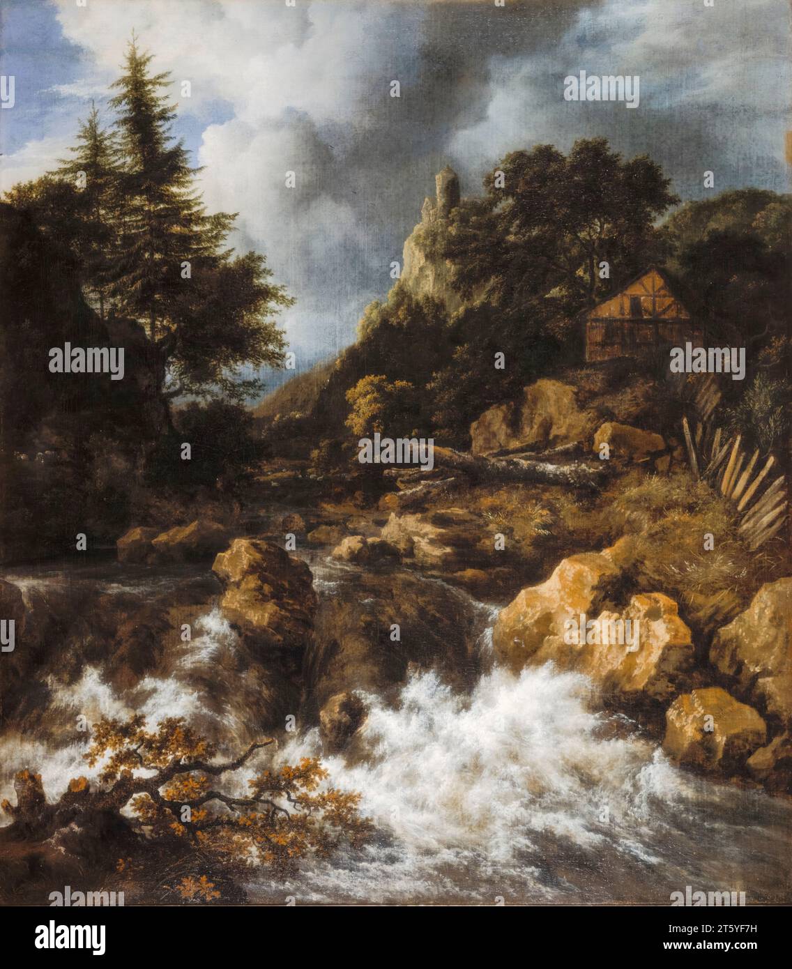 Jacob van Ruisdael, Waterfall, with a, Half-Timbered House, and, Castle ...