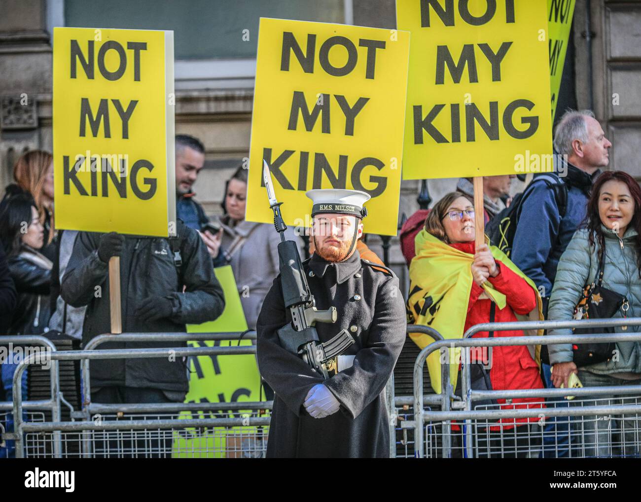 London, UK. 07th Nov, 2023. Anti-monarchy protesters carry 'Not My King ...