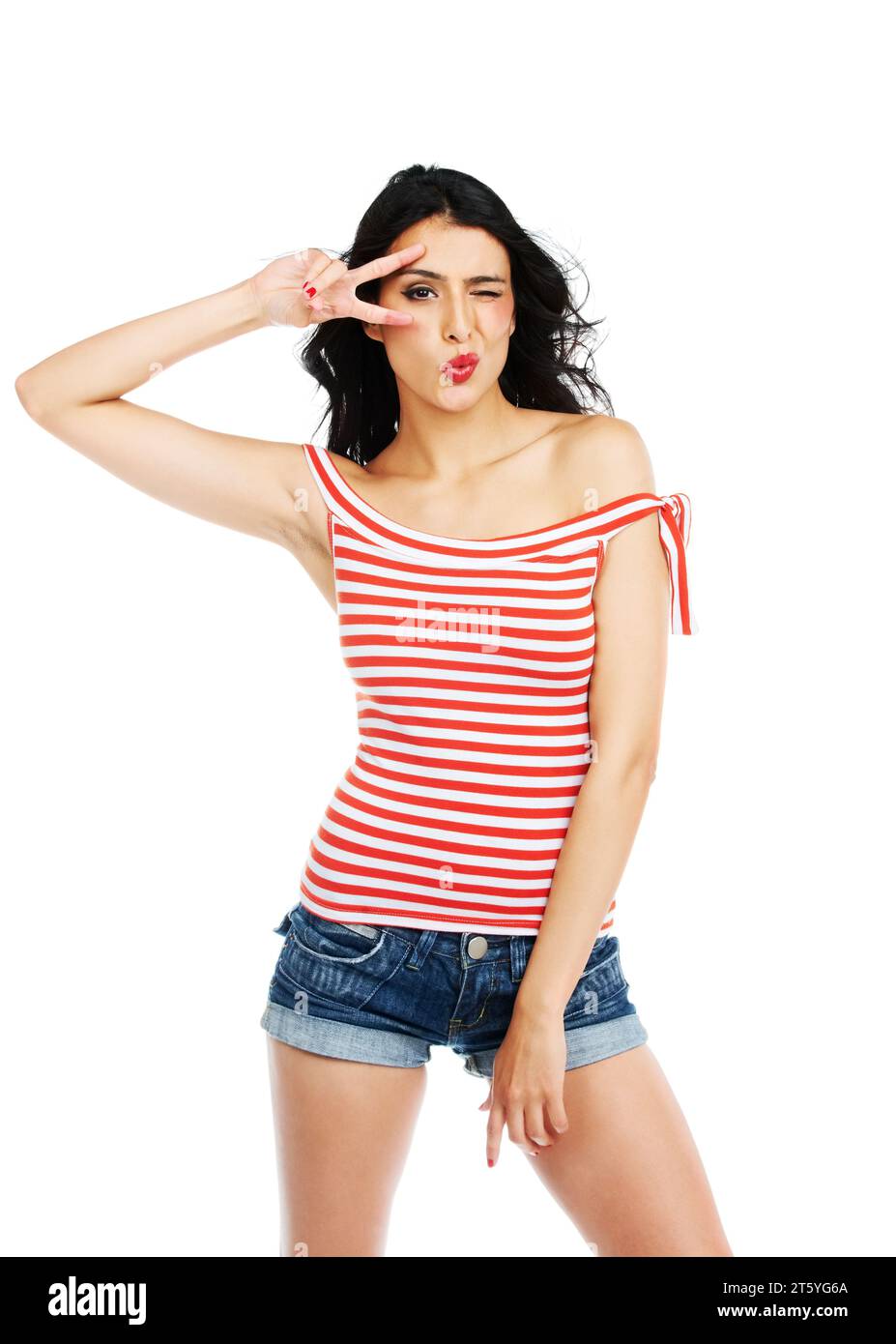 Fashion, wink and woman face with peace, hands or kiss gesture in ...