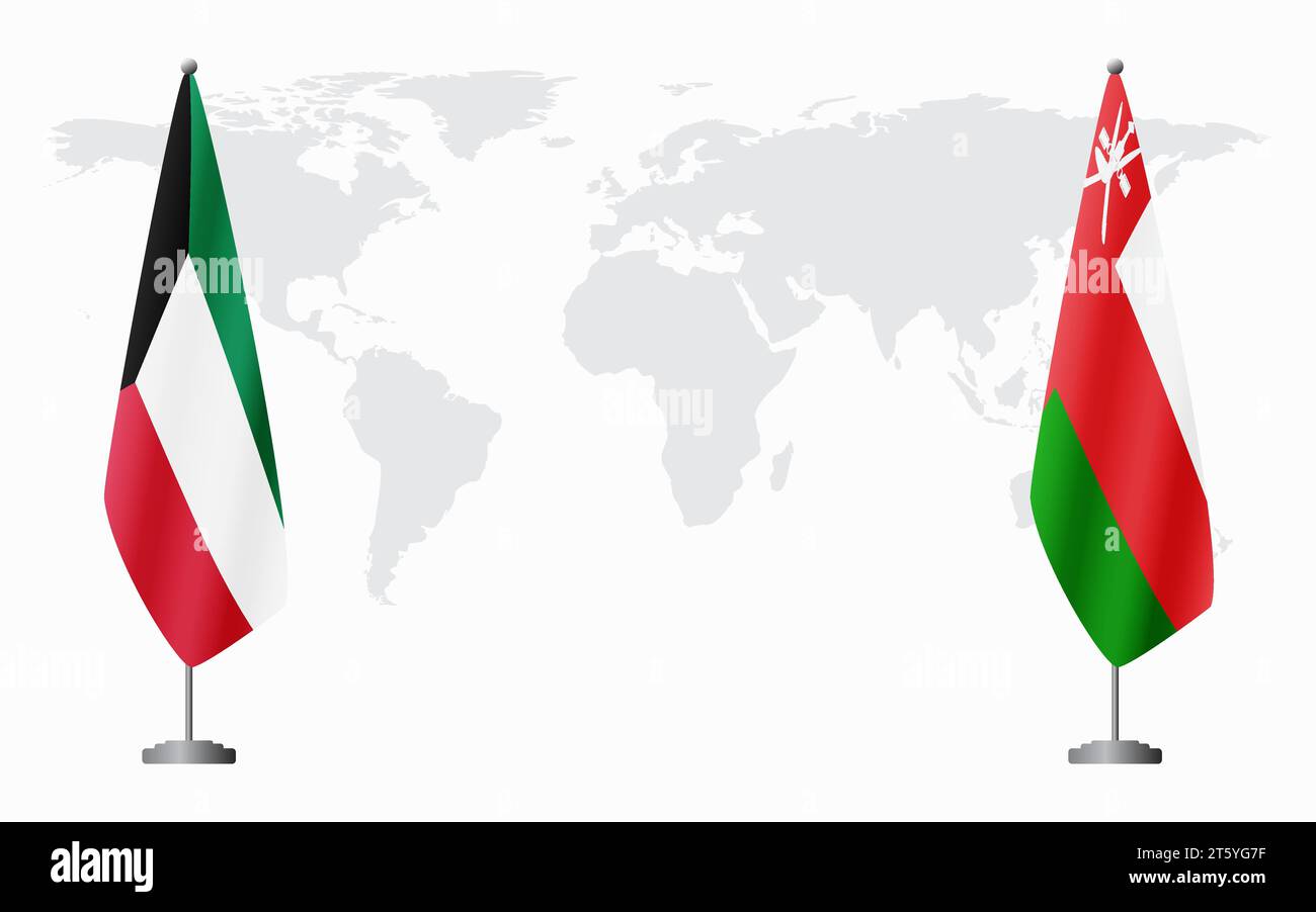 Kuwait and Oman flags for official meeting against background of world ...