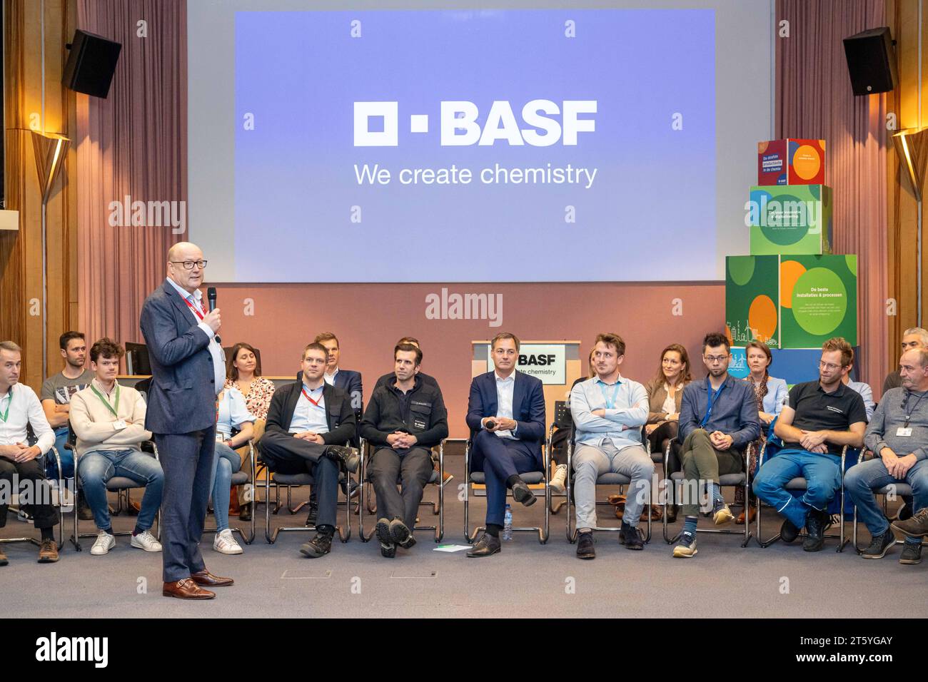 BASF Antwerp CEO Jan Remeysen (standing) is pictured during a Q&A session at chemical company ...