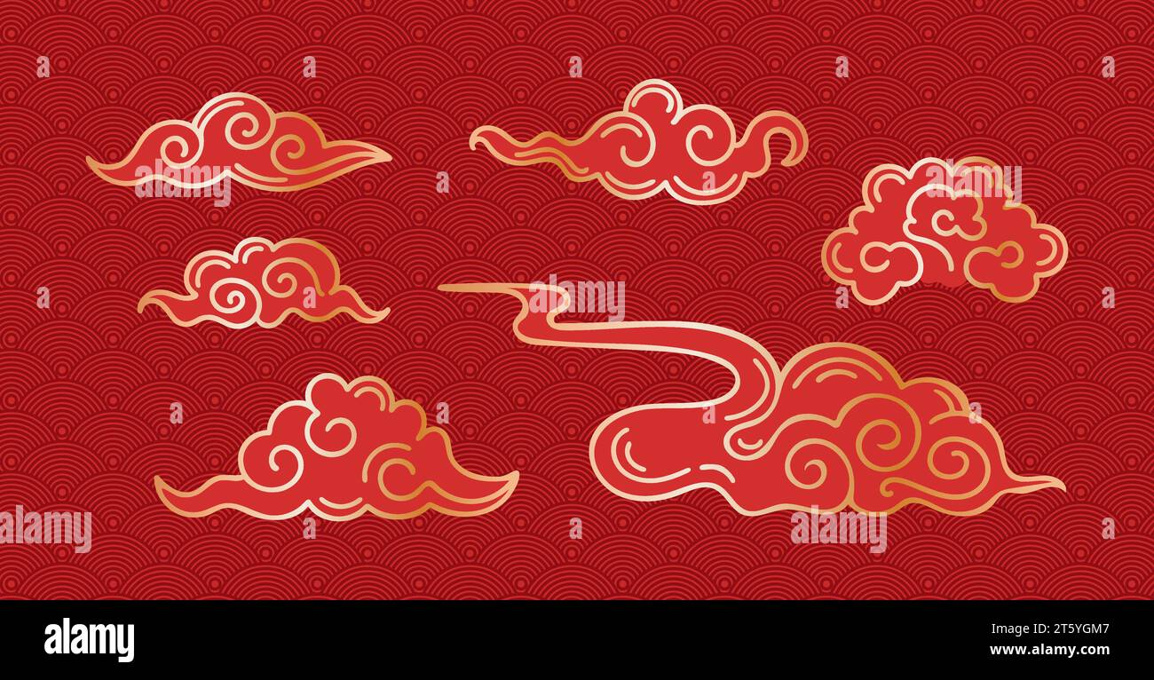 Set of clouds in Asian style. Gold on red. Vector vintage illustration ...