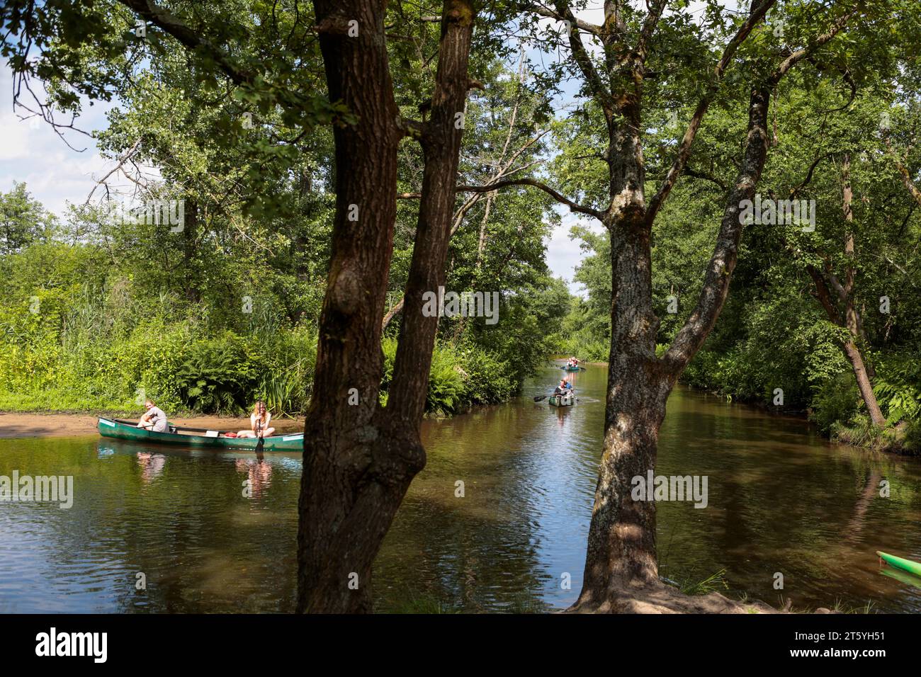 People passing in canoes at meandering river Dommel, at nature reserve ...