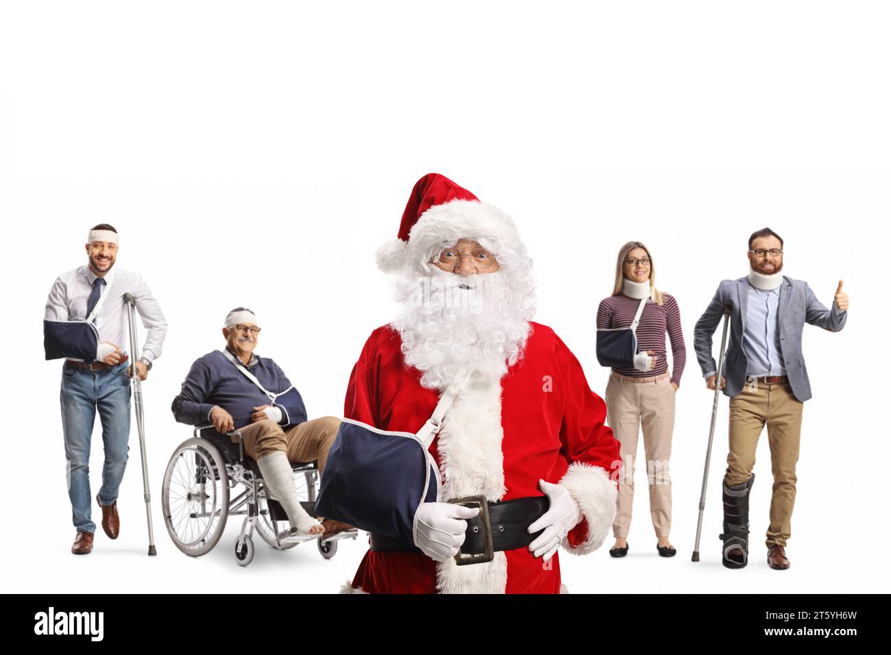 Santa claus with arm injury standing in front of injured people ...