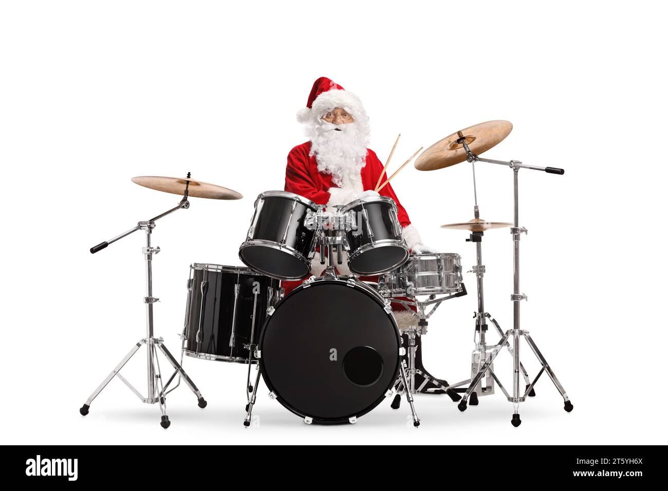 Santa claus playing drums isolated on white background, music and ...