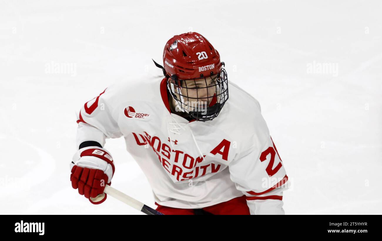 Boston University defenseman Lane Hutson (20) skates during the second ...