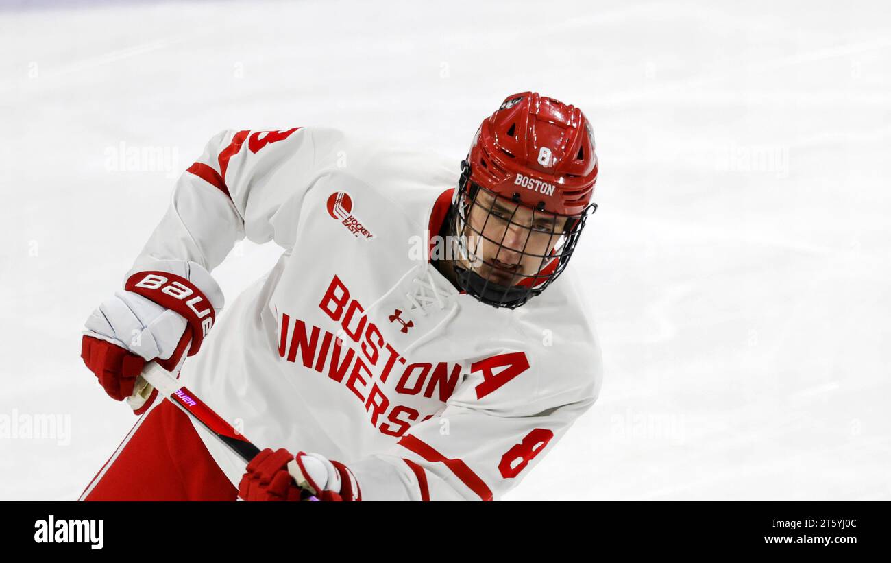 Boston University defenseman Cade Webber (8) skates before the start of ...
