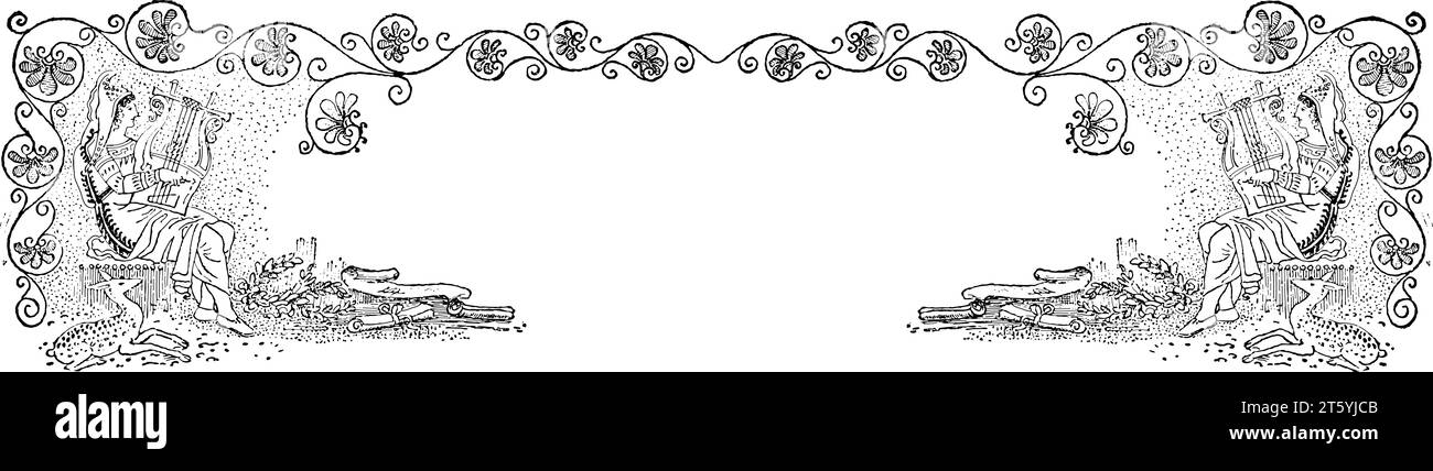 Wide ornate floral border illustration, woman playing a harp with a ...