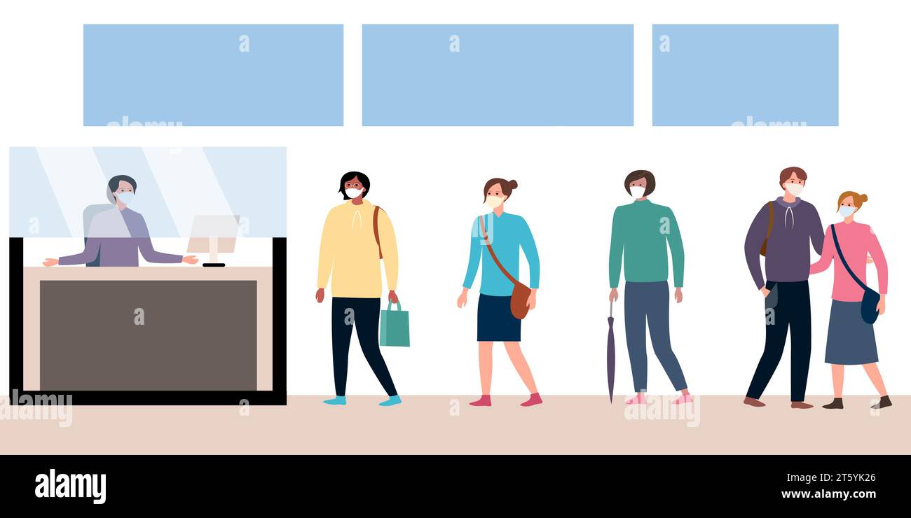 A modern shop with a salesperson and customers in masks. Flat vector ...