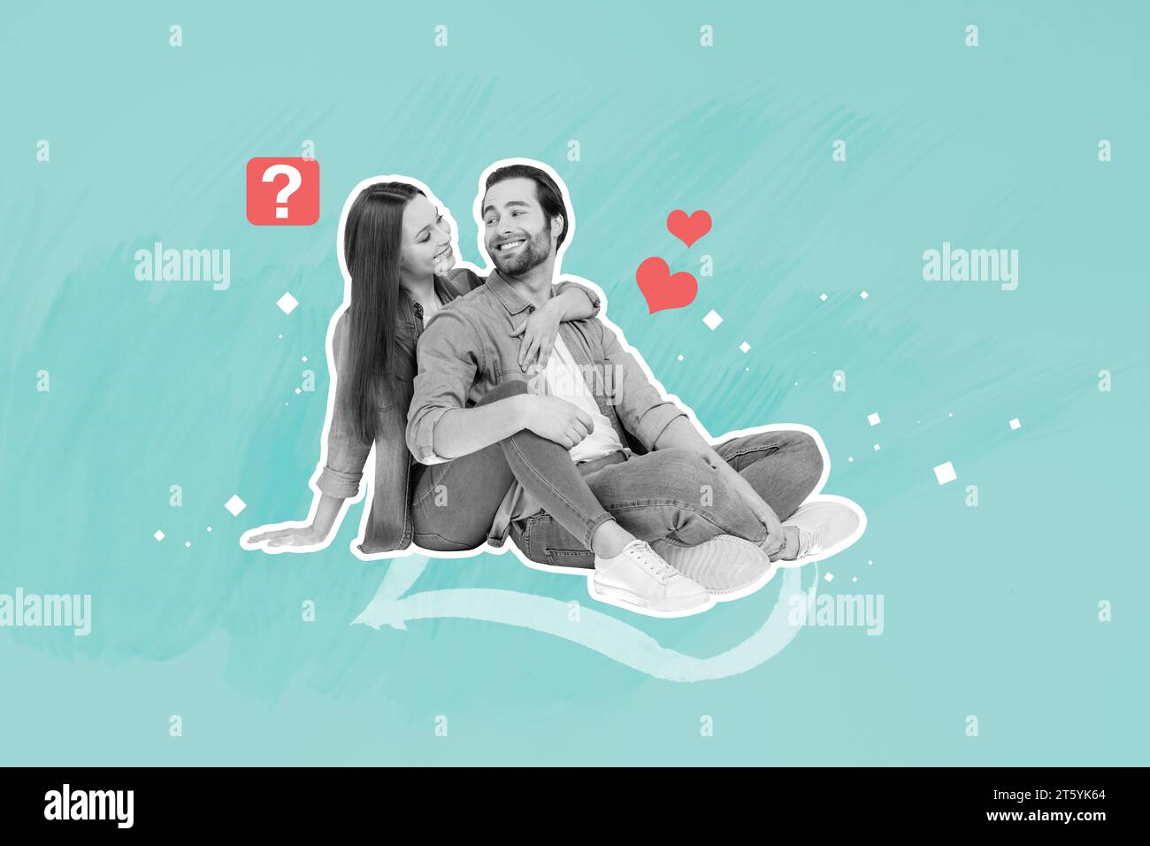 Picture collage sketch of cheerful enamored people sitting hugging ...