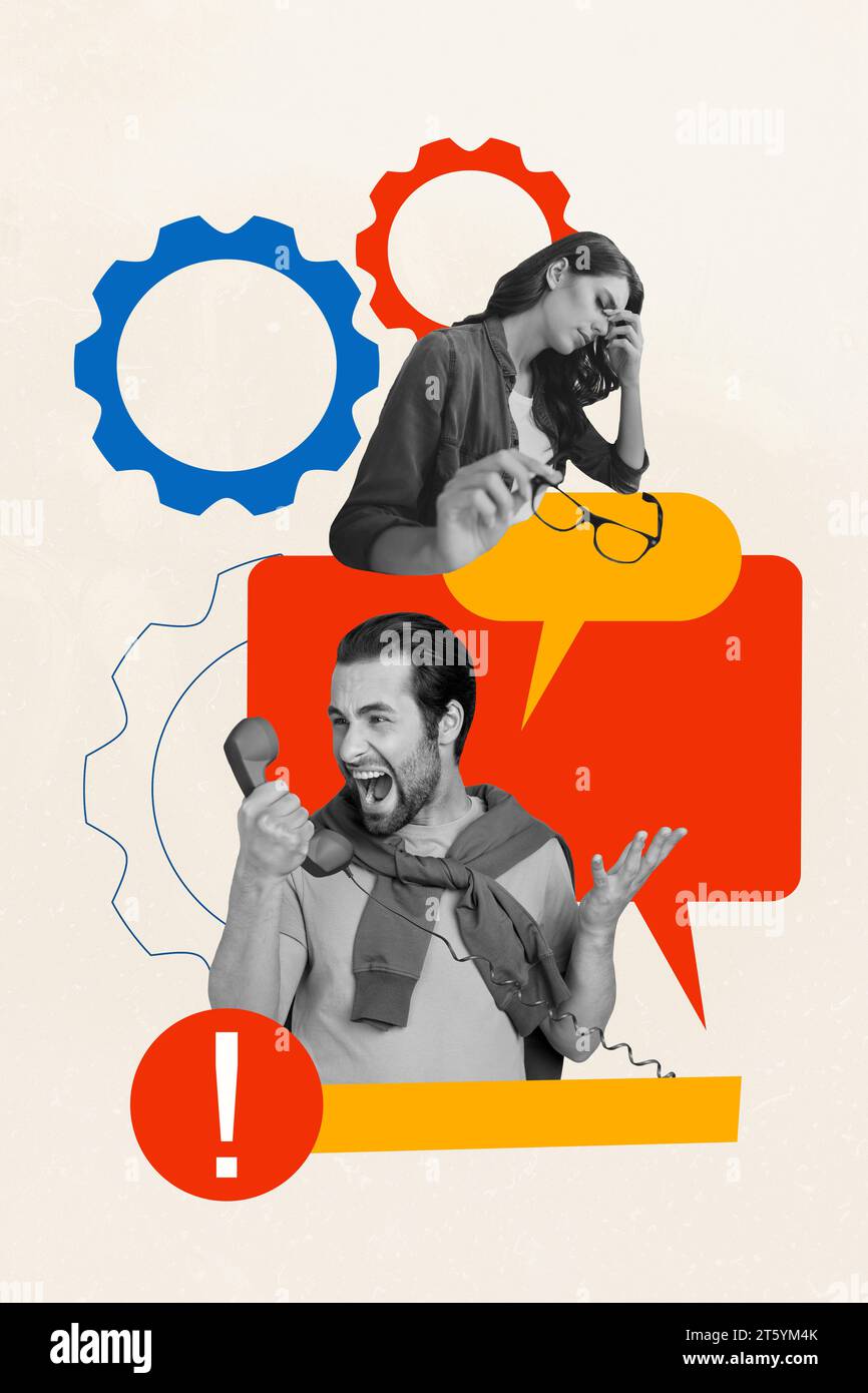 Collage of pinup pop retro sketch of angry client yelling tired worker ...