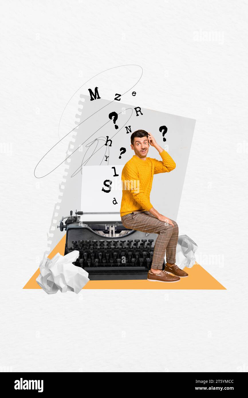 Collage of pinup pop retro sketch of young man sit typewriter confused ...