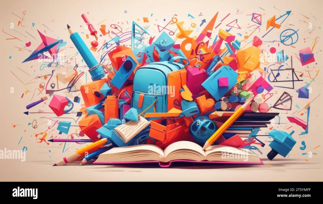 This digital illustration captures an explosion of colorful objects and ...