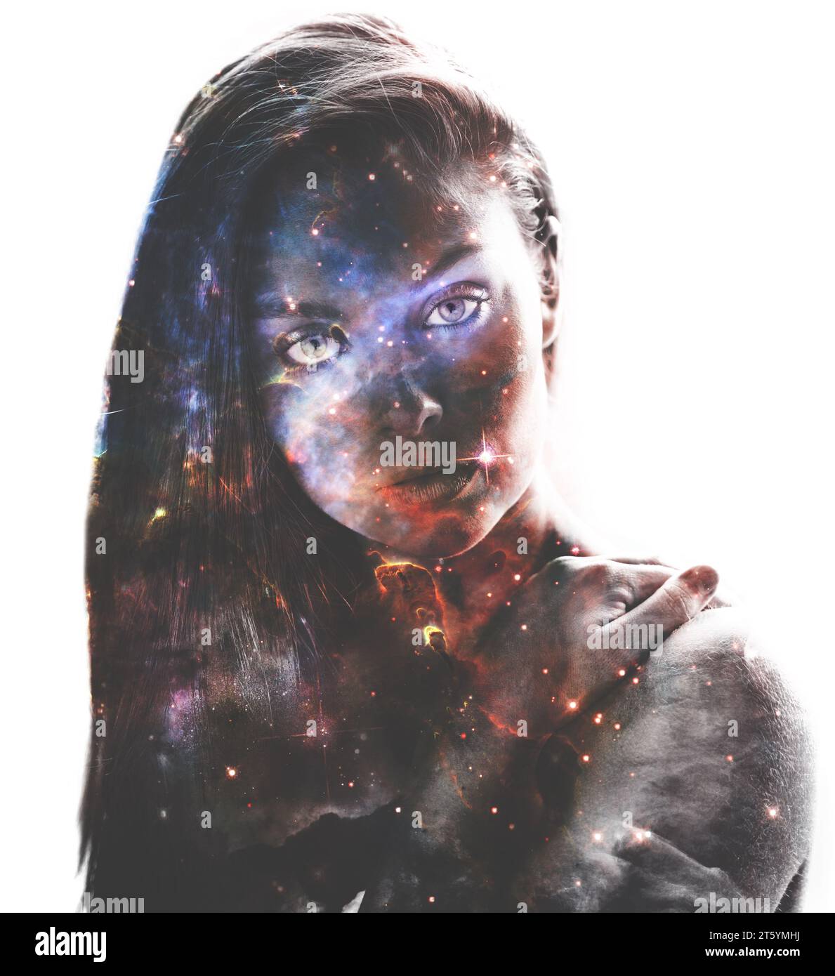 Woman, portrait and double exposure with galaxy, space and fantasy for ...