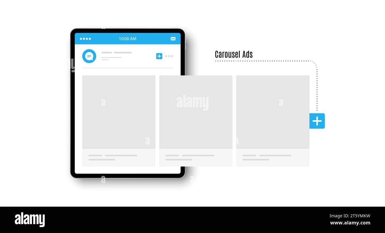 Tablet pc with interface carousel post. Social network ads. Vector ...