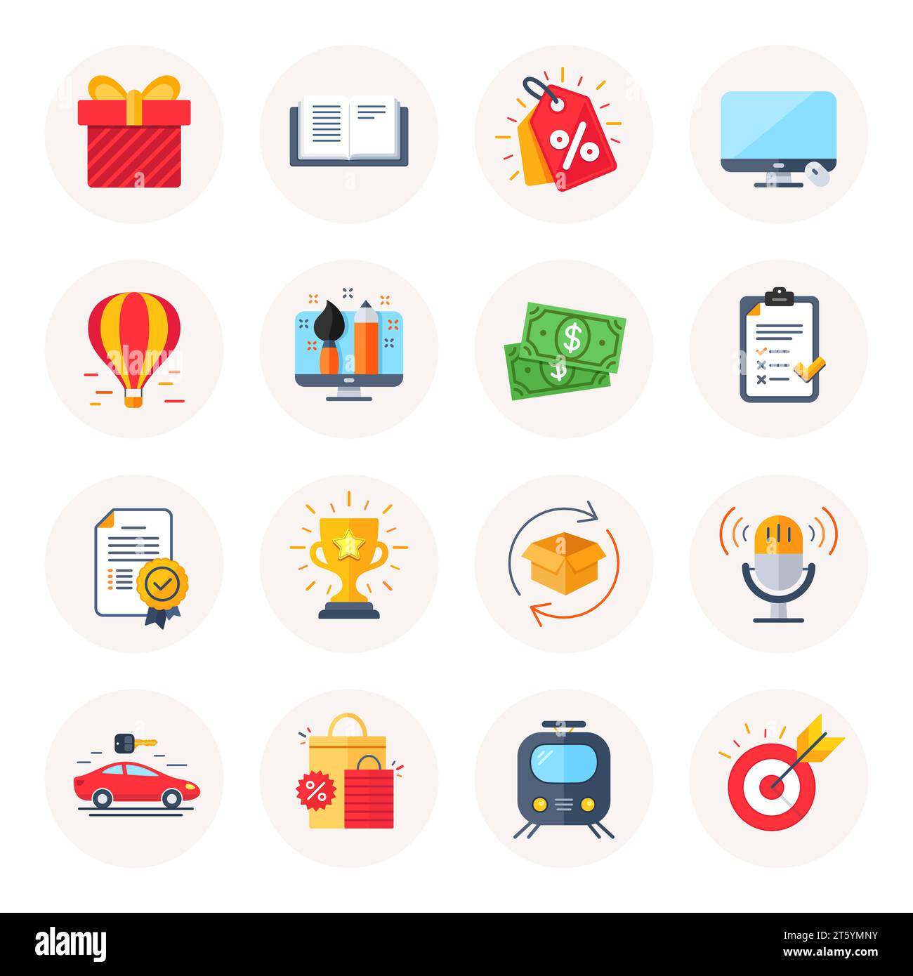 Gift box, checklist, air balloon vector icons. Prize winner, package ...