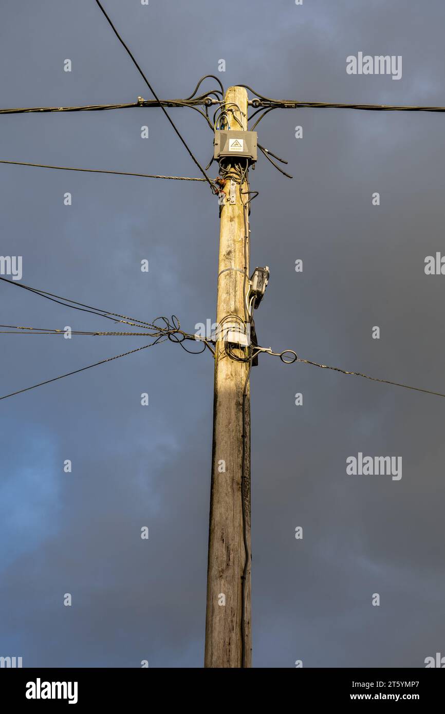 Telegraph pole catching late afternoon sun as storm clouds and rain ...