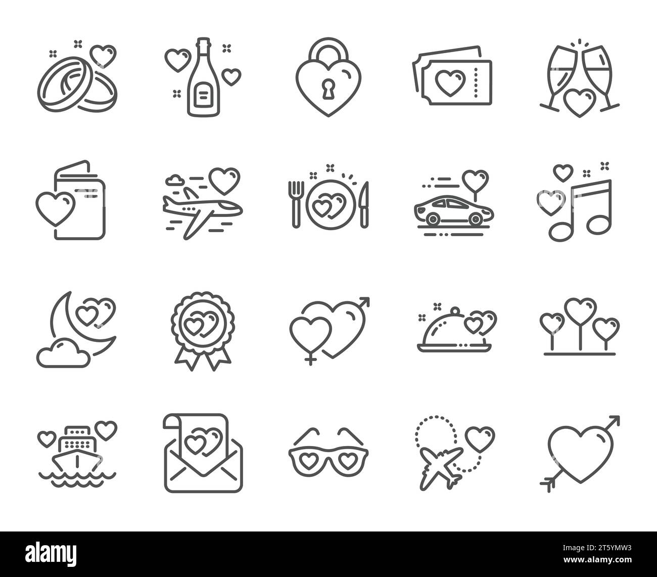 Honeymoon line icons. Wedding car, marriage rings, love. Bridal ...