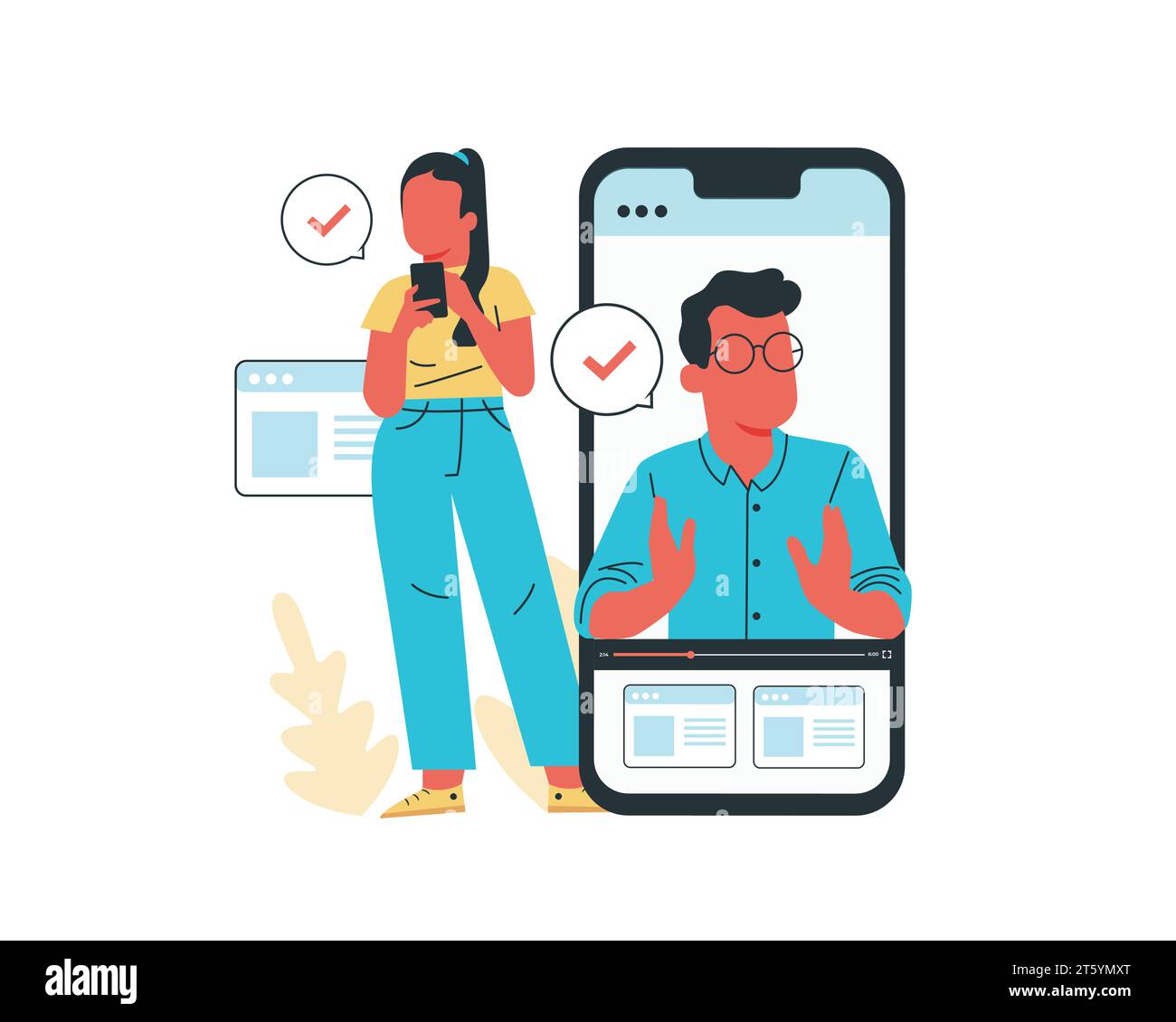 young Man and woman using mobile phone for communication. Vector ...