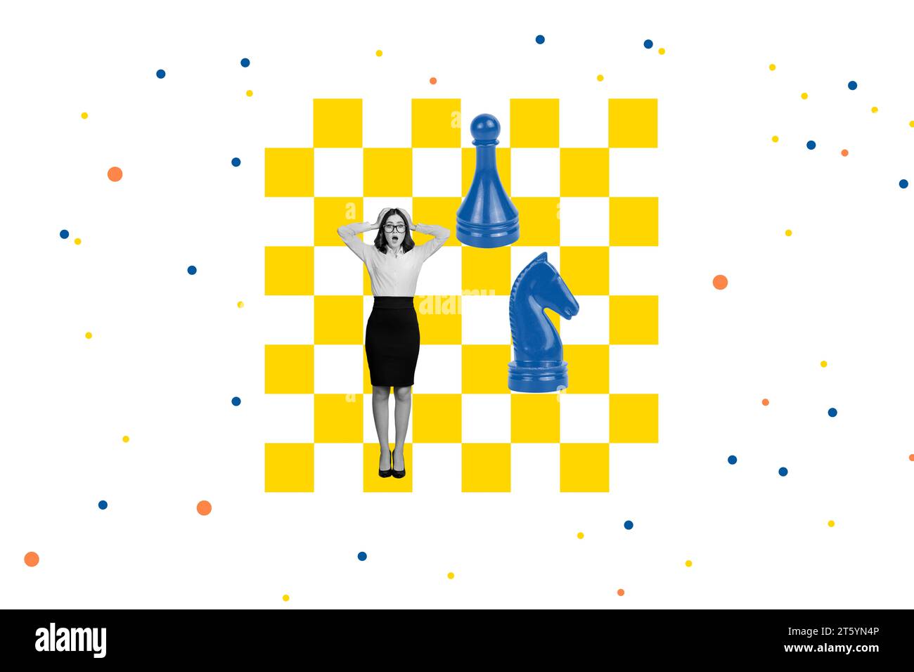 Poster collage picture of shocked women playing game chess winning ...