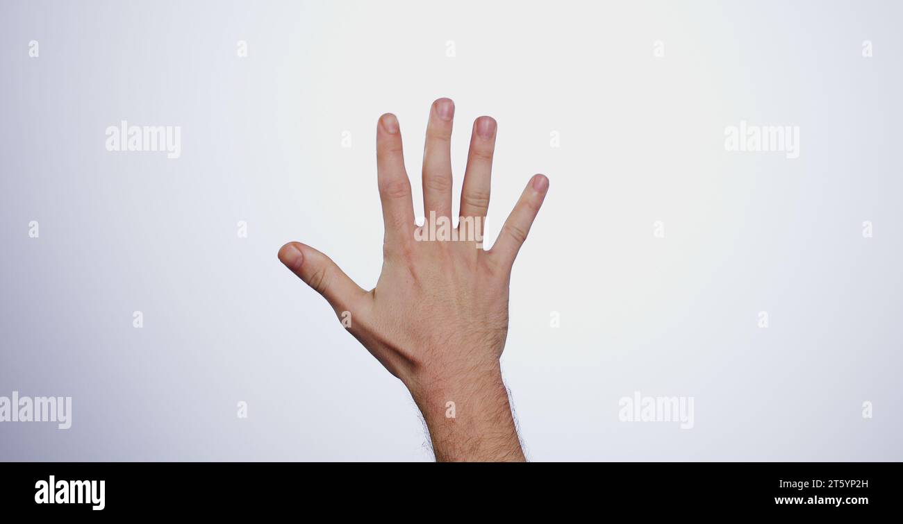 Hand, counting five and person in studio with mockup space for ...