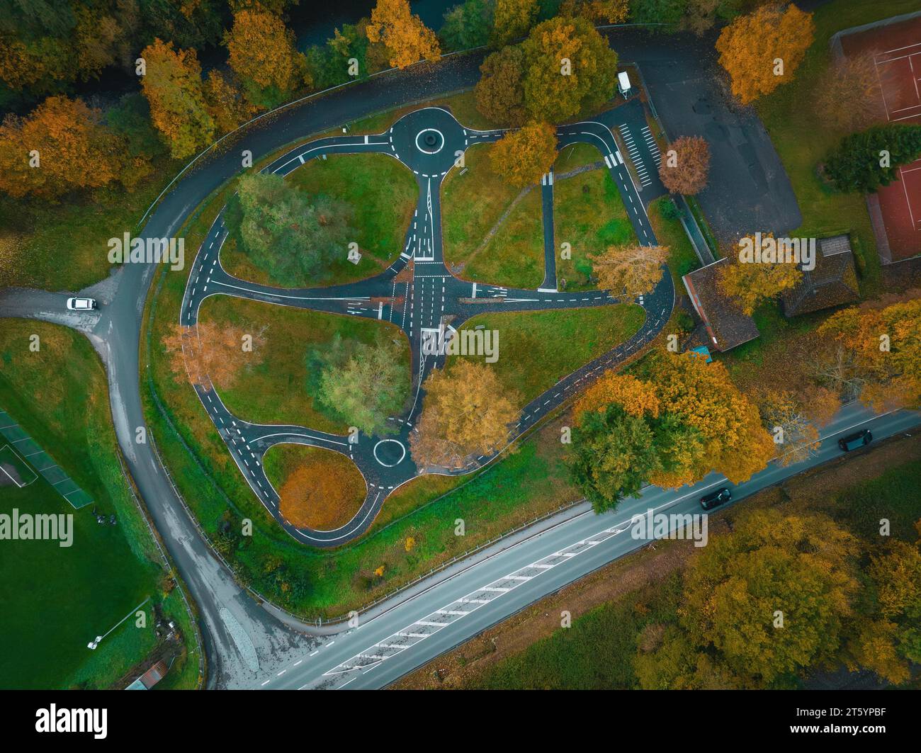 Aerial view of a traffic training area in autumn, Calw, Black Forest ...
