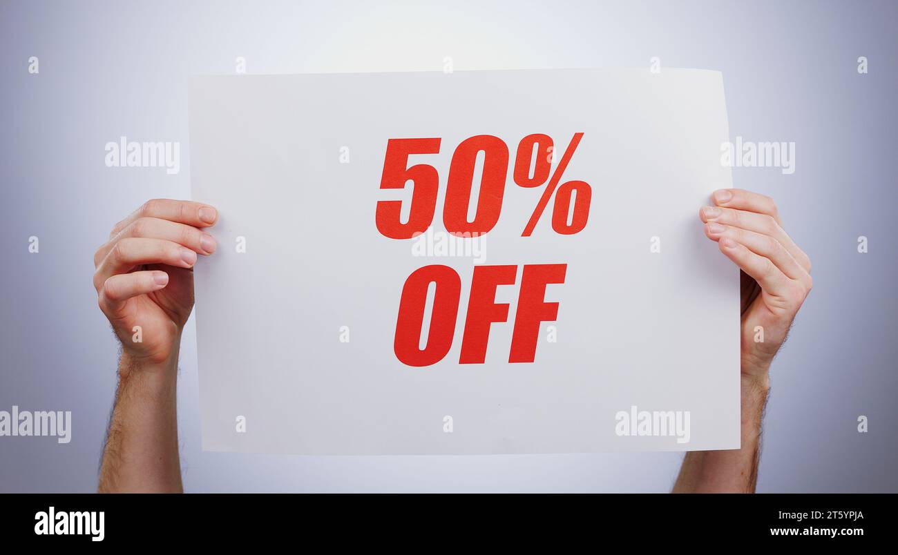 Hands, discount 50 percentage and advertising sign at studio isolated ...