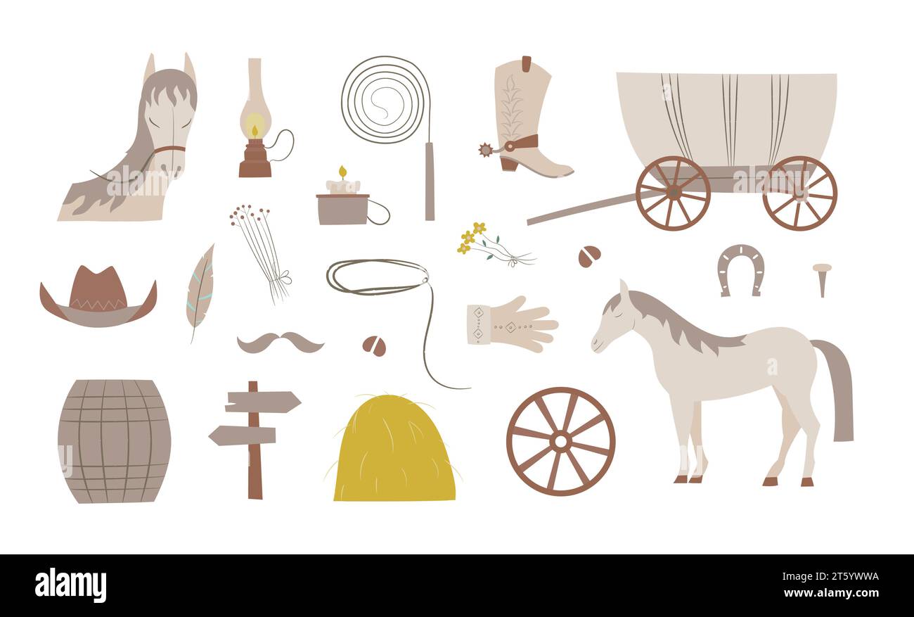 Ethnic boho west country elements set. Western wheel, horse, cowboy hat ...