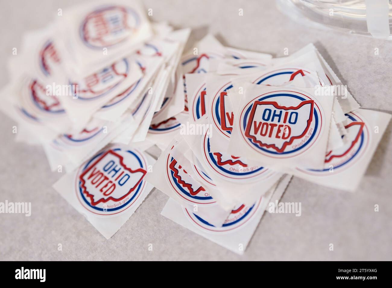 Stickers sit on a table inside a polling place on Election Day, Tuesday ...