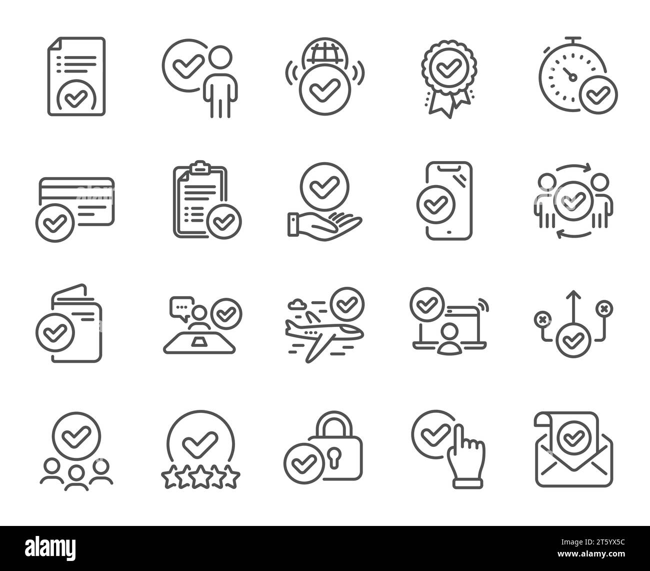 Approve line icons. Interviewed, accepted document, right choice. Quality check, protection ...