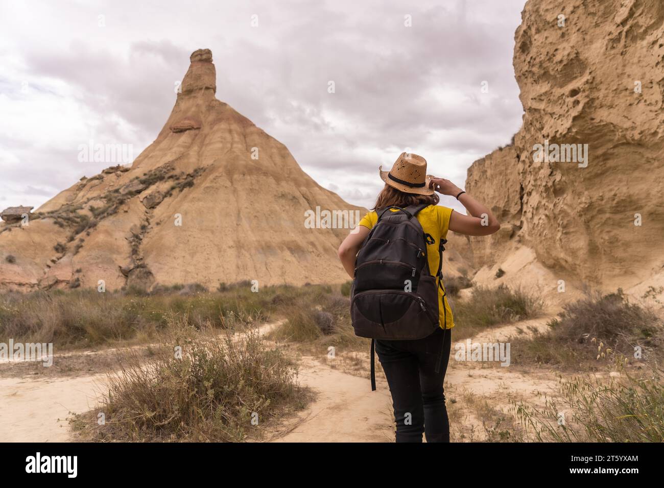 Rear view of a sportive woman strolling along a arid path in a natural ...