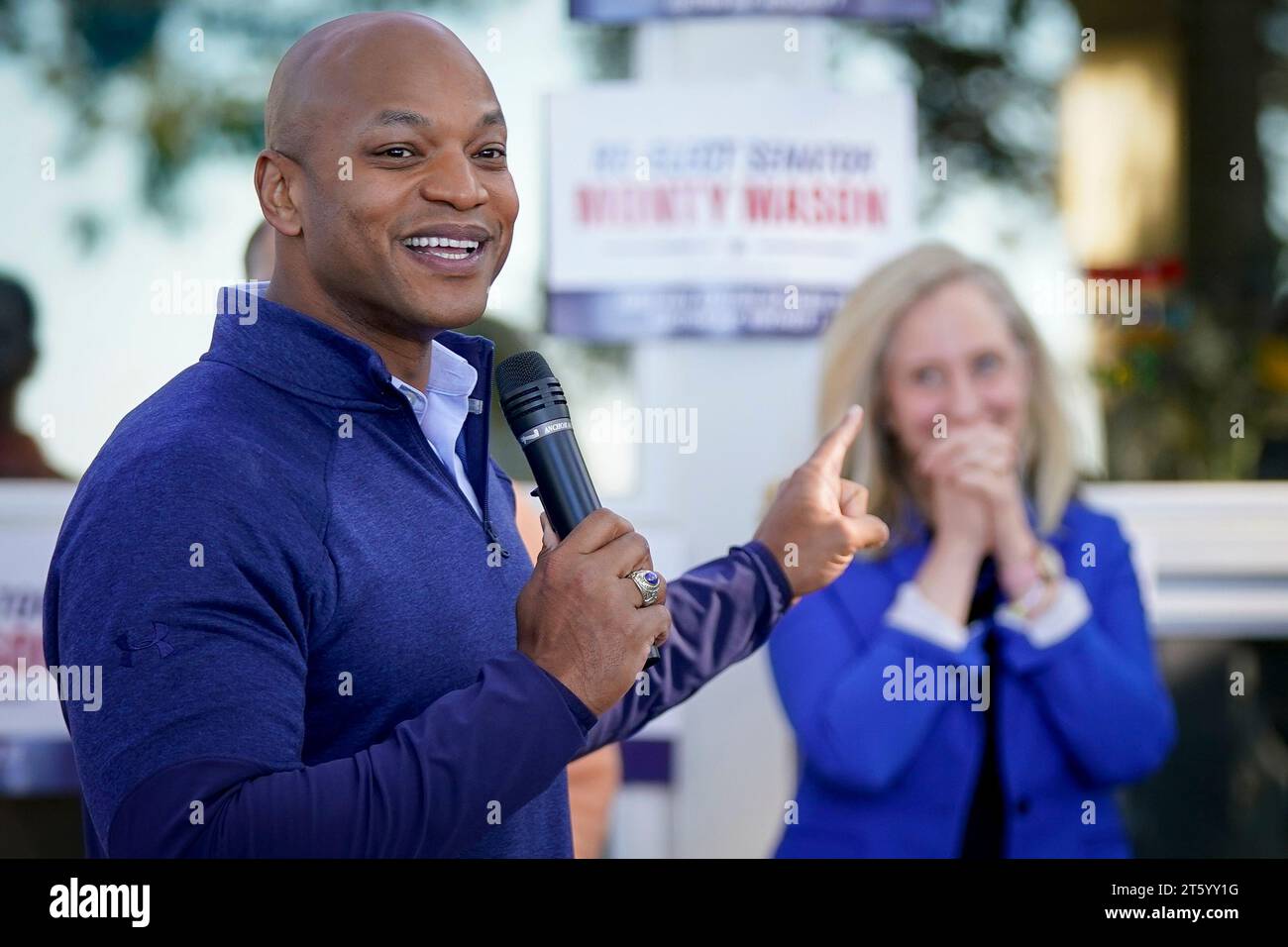Maryland Gov. Wes Moore gestures to Congresswoman Abigail Spanberger (D ...
